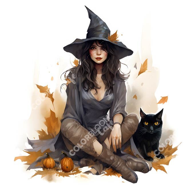 Witch Clipart Modern Witch and Cat Black Cat Clipart - Etsy