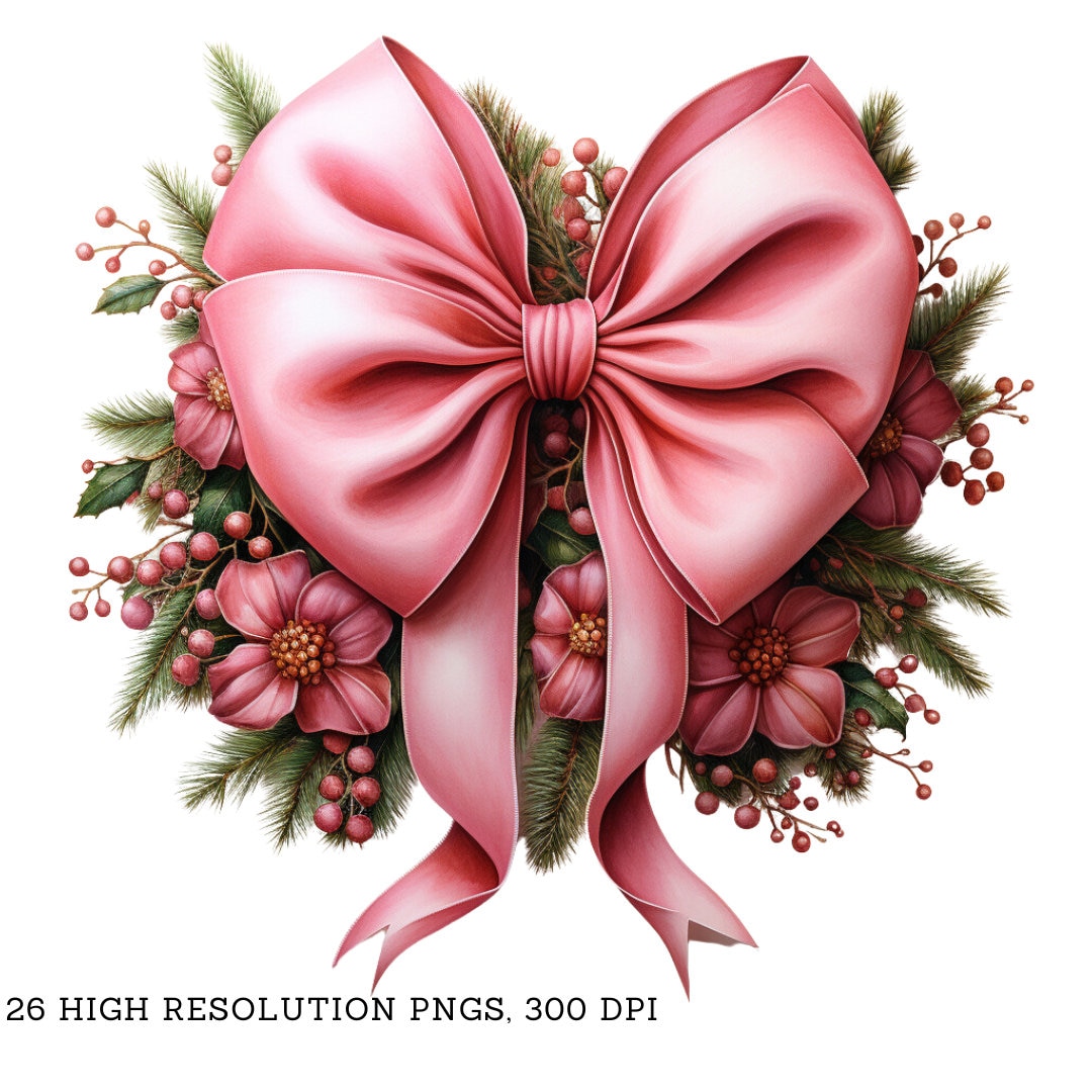 Charming Christmas Pink Bow Clipart Bundle, 26 Pngs Transparent ...