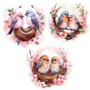 Romantic Bird Clipart Bundle - Sweet Lovebirds in a Heart-shaped Nest ...