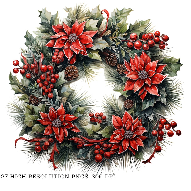 Festive Christmas Red Wreath Clipart Bundle - 27 Pngs, Instant Download ...