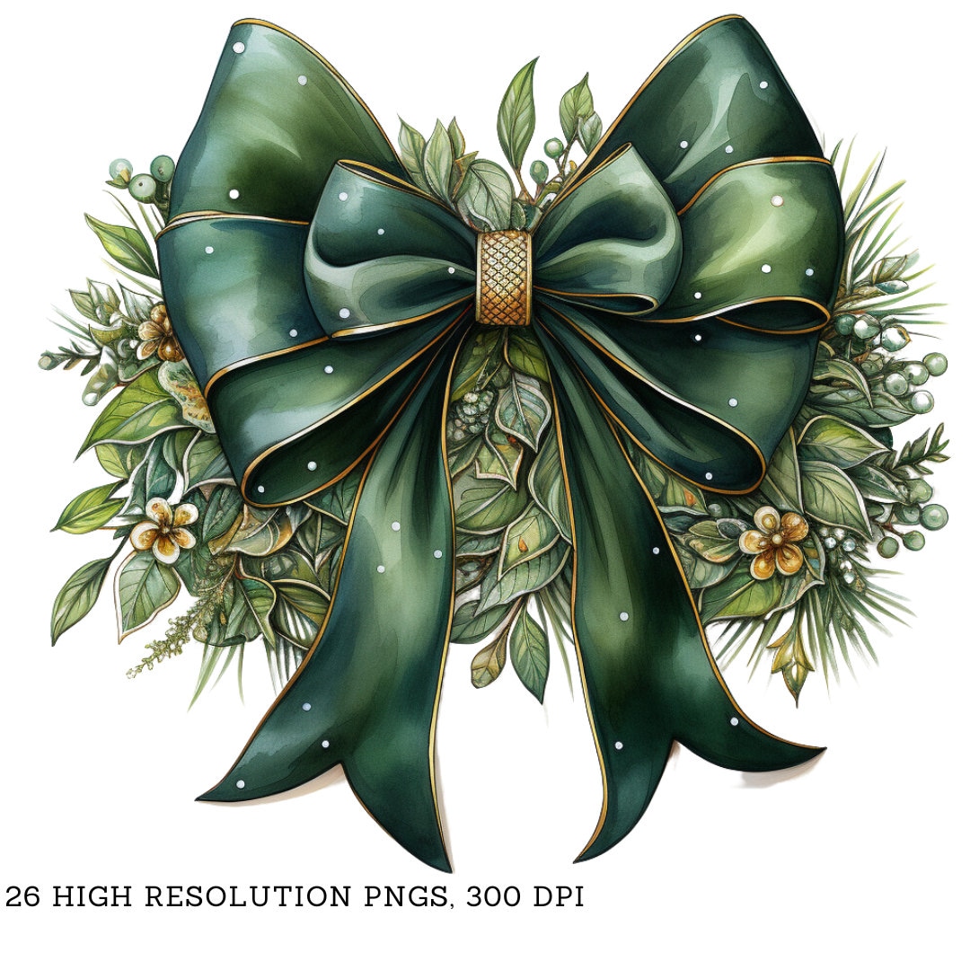 Charming Christmas Green Bow Clipart Bundle, 26 Pngs Transparent ...