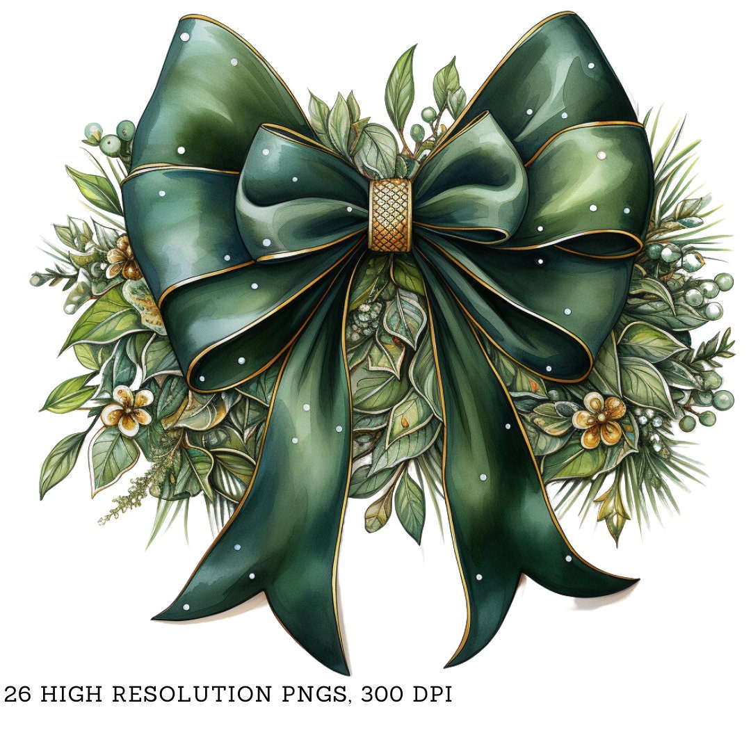Charming Christmas Green Bow Clipart Bundle, 26 Pngs Transparent ...
