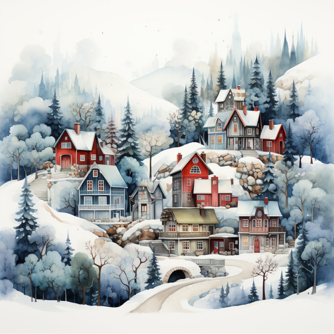 Charming Winter Wonderland: 56 PNG Watercolor Christmas Village Clipart ...