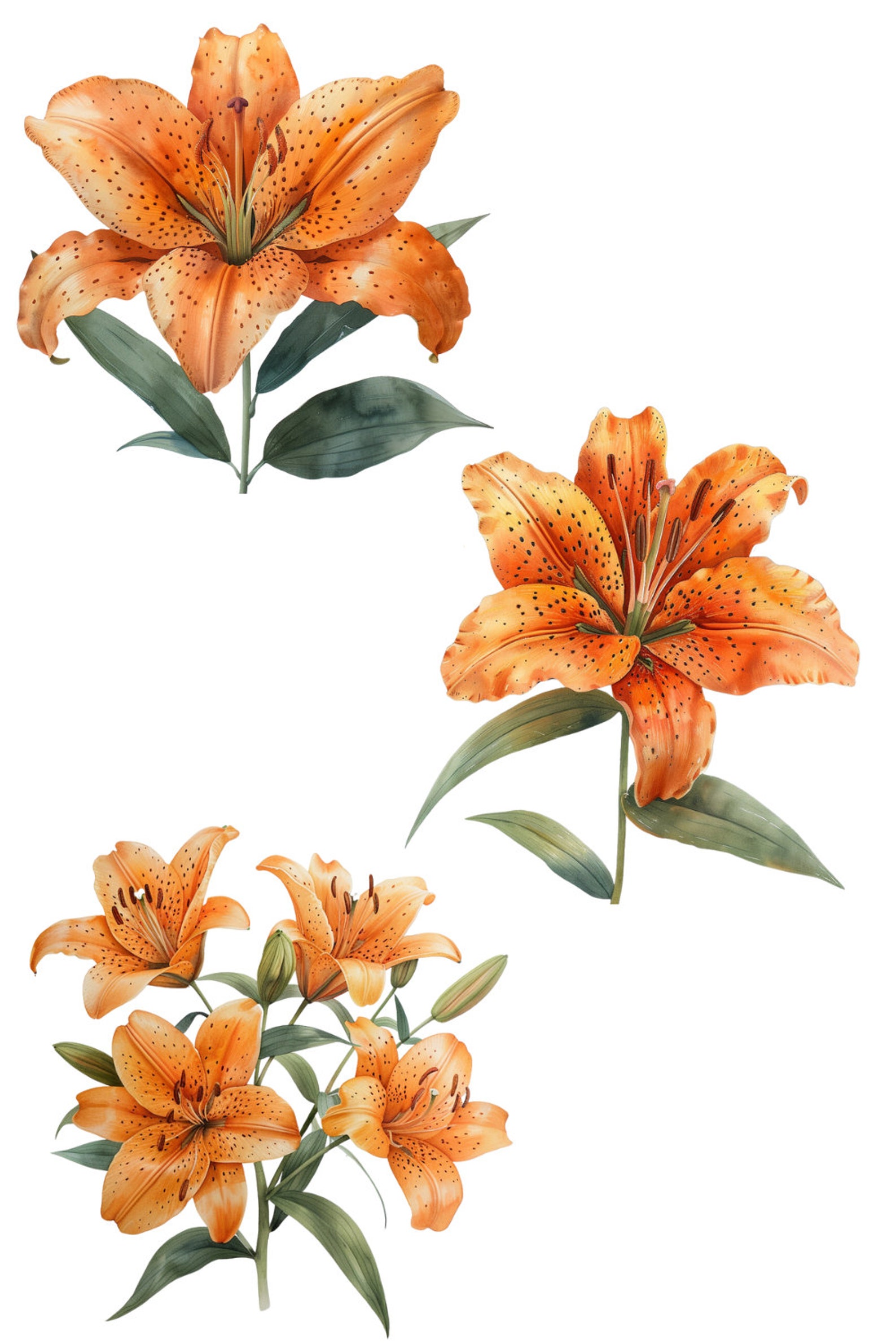 Vibrant Tiger Lilies Watercolor Clipart Bundle, 20 Pngs, Commercial Use ...