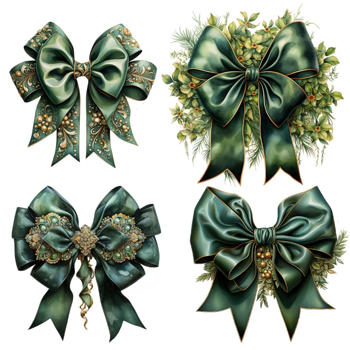 Charming Christmas Green Bow Clipart Bundle, 26 Pngs Transparent ...