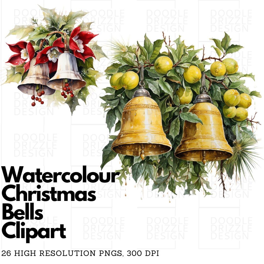 Watercolor Christmas Bells Clipart Bundle - 26 Pngs, Transparent ...