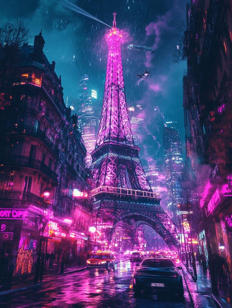 Cyberpunk Paris Poster | Neon Eiffel Tower Wall Art | Futuristic ...