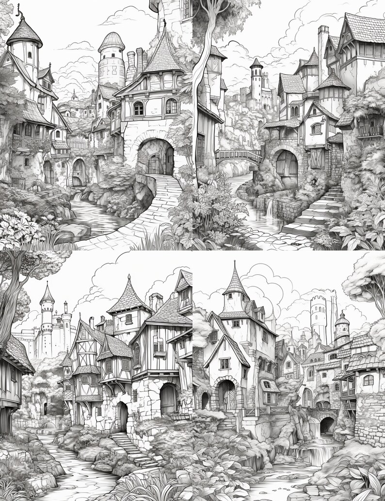 Fantastic Medieval Town Coloring Pages 26 Instant Download PDF Pages ...