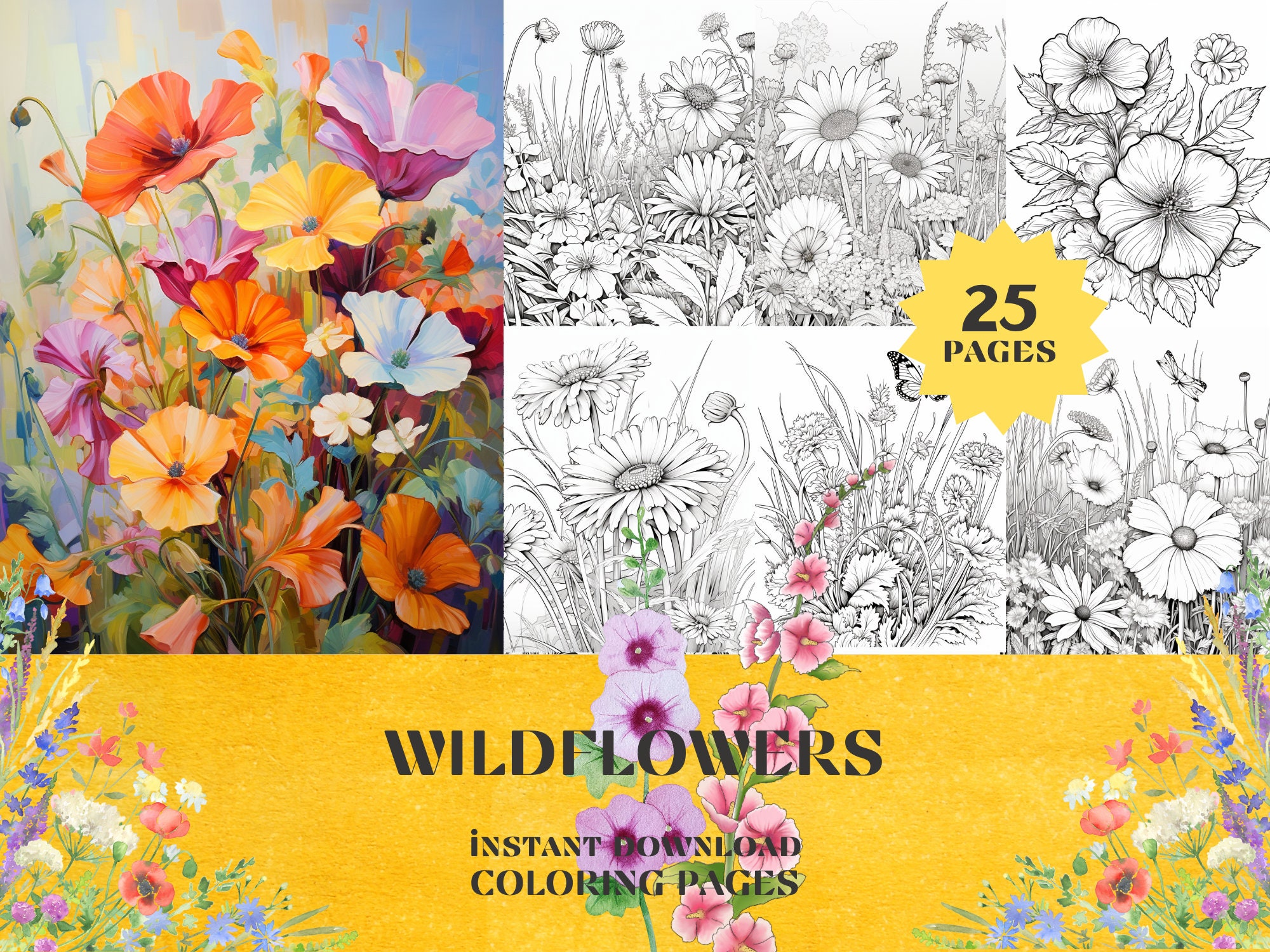 Wildflowers Coloring Pages 25 Instant Download PDF Pages Coloring Book ...