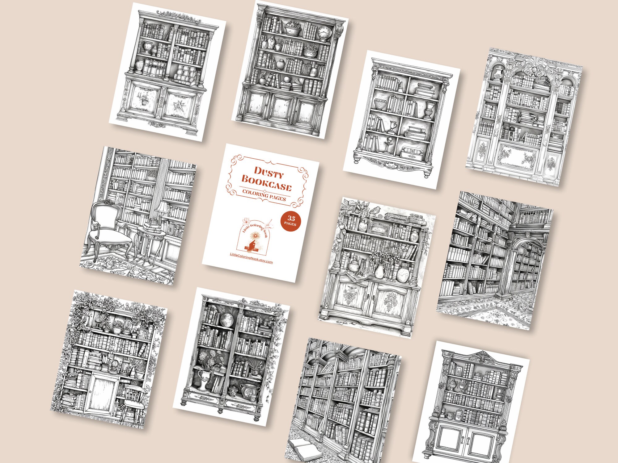 Dusty Bookcase Coloring Pages Instant Download PDF Pages Coloring Book ...