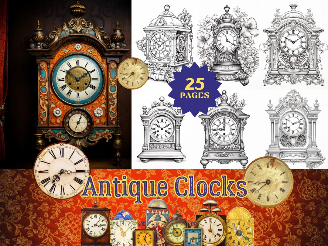 Antique Clocks Coloring Pages Instant Download PDF Coloring Book for ...
