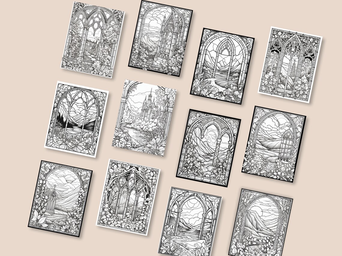Stained Glass Landscapes Coloring Book Instant Download PDF Pages ...