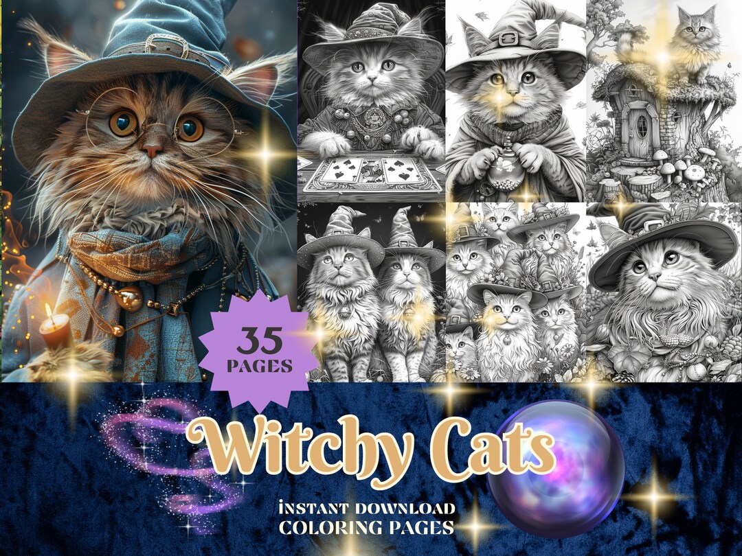 Witchy Cats Coloring Pages Instant Download PDF Pages Coloring Book for ...