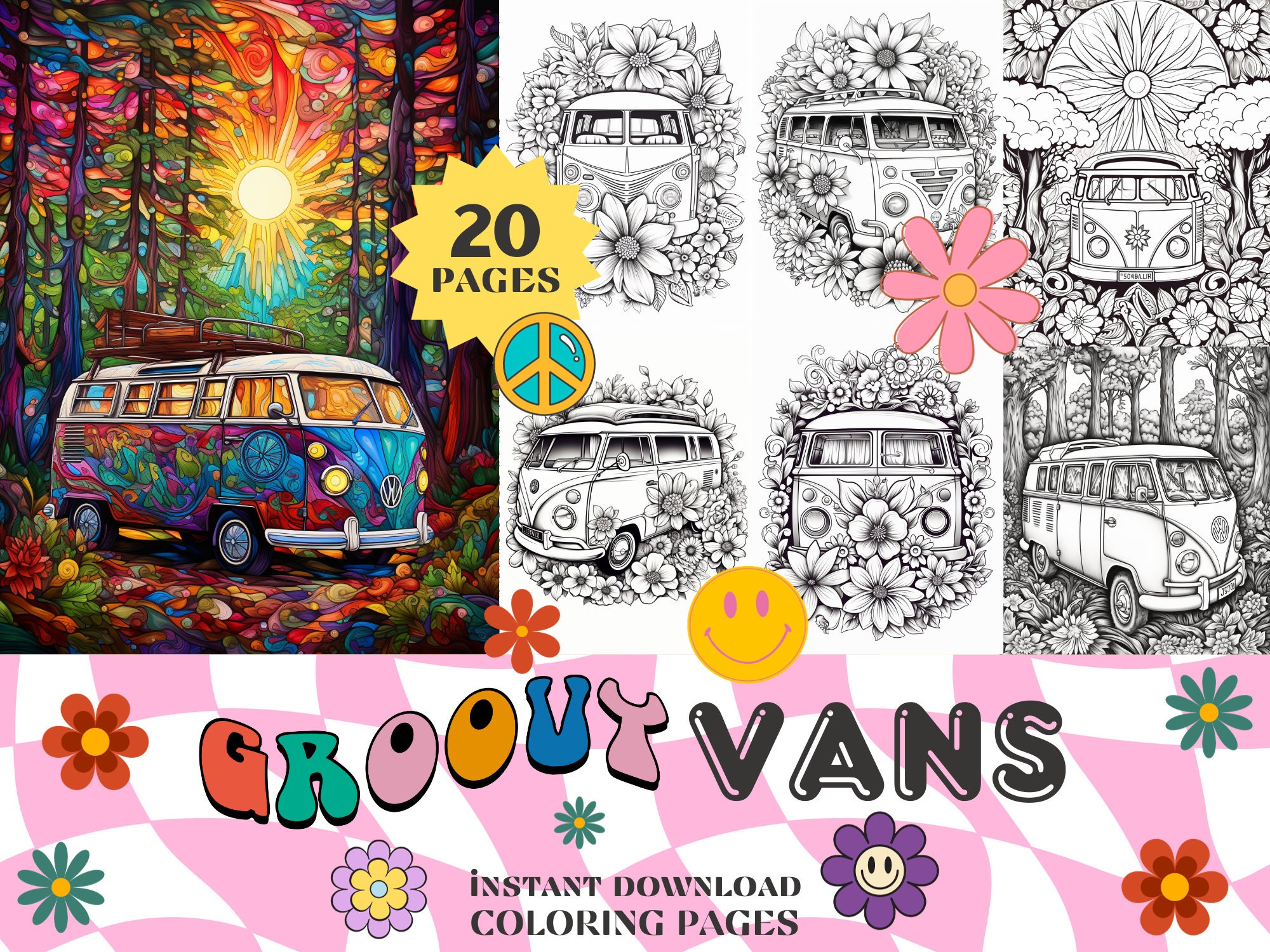 Groovy Vans Coloring Book Instant Download PDF Pages - Etsy