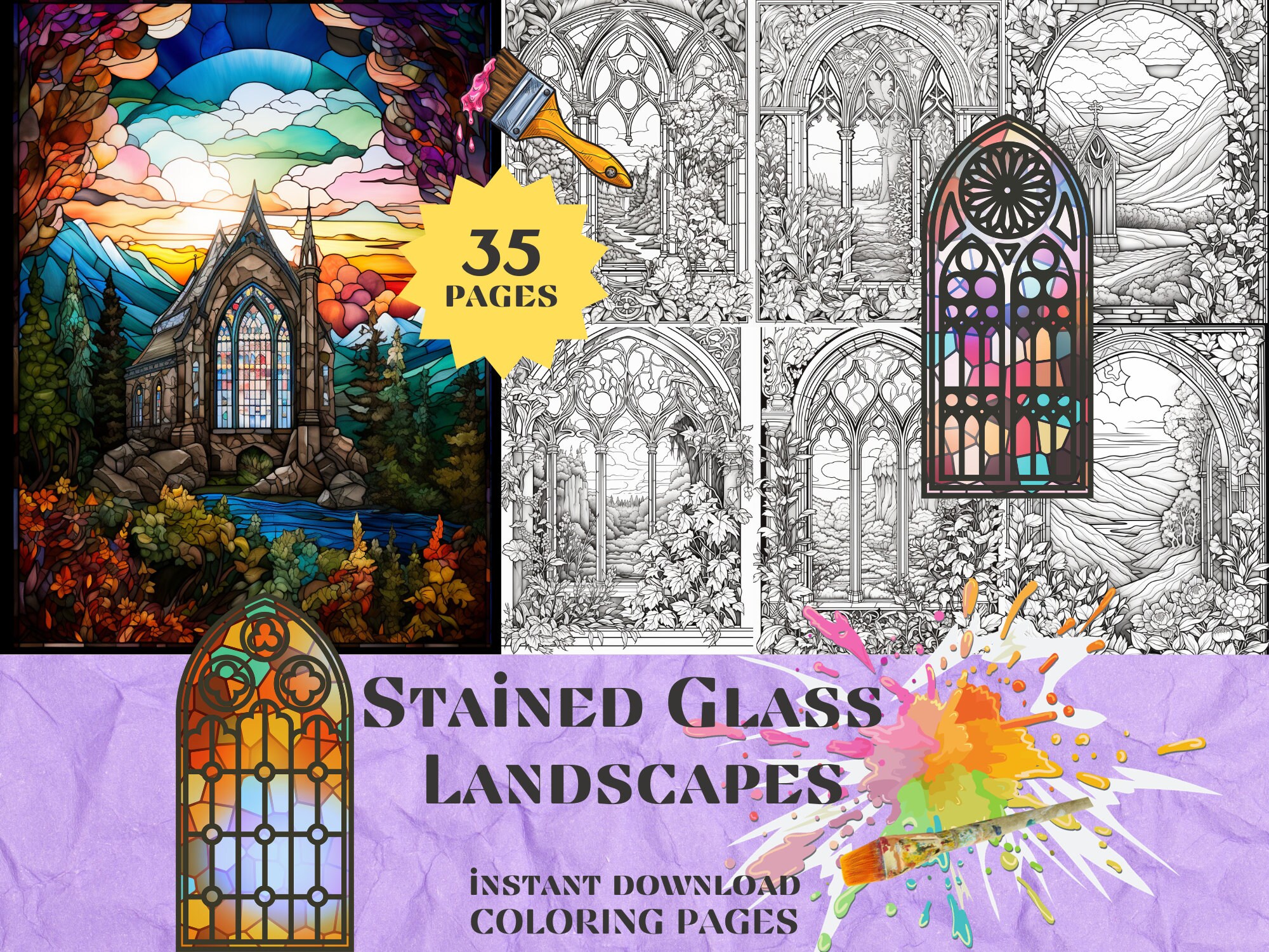 Stained Glass Landscapes Coloring Book Instant Download PDF Pages ...