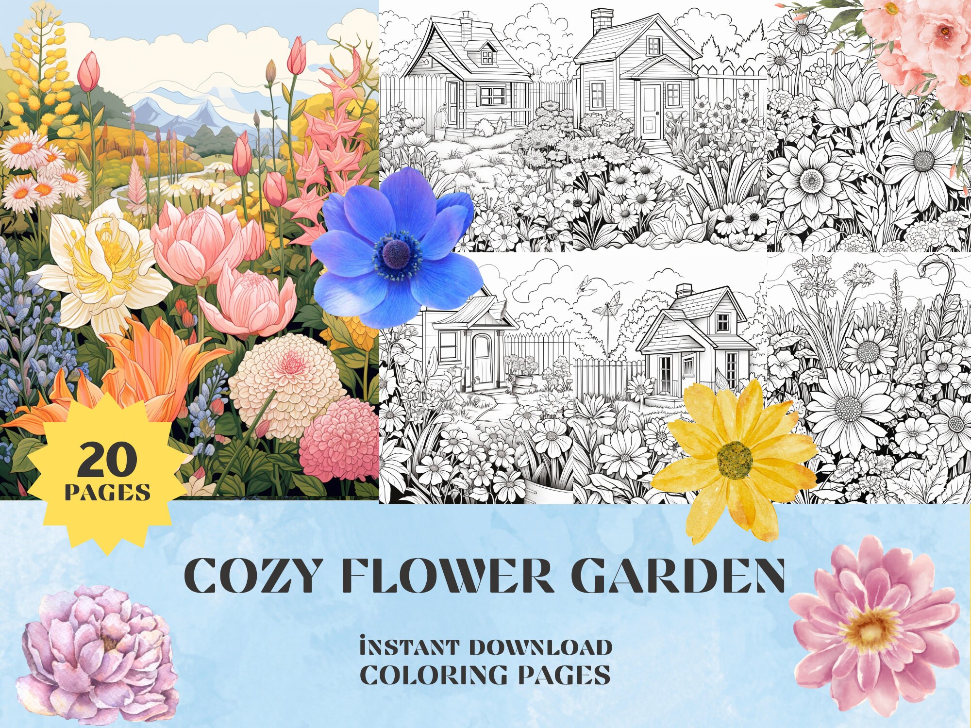 Cozy Flower Garden Coloring Pages 20 Instant Download PDF Pages ...
