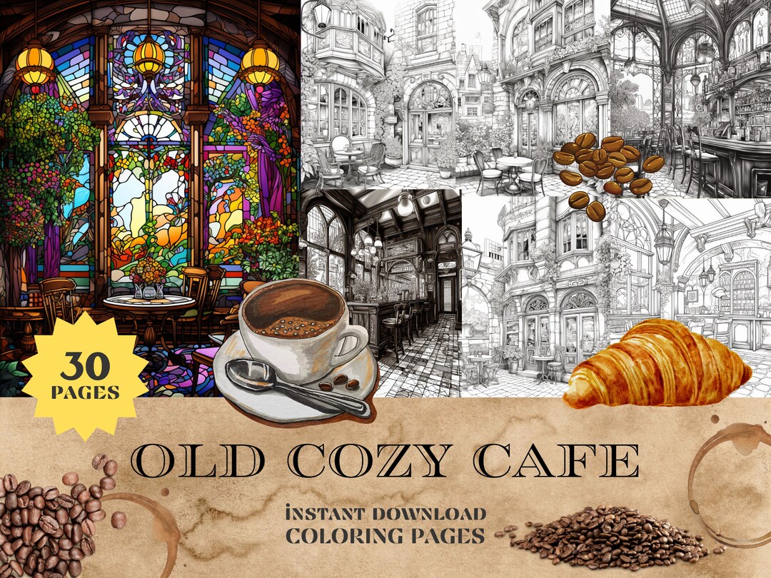 Old Cozy Cafe Coloring Pages 30 Instant Download PDF Pages Coloring ...