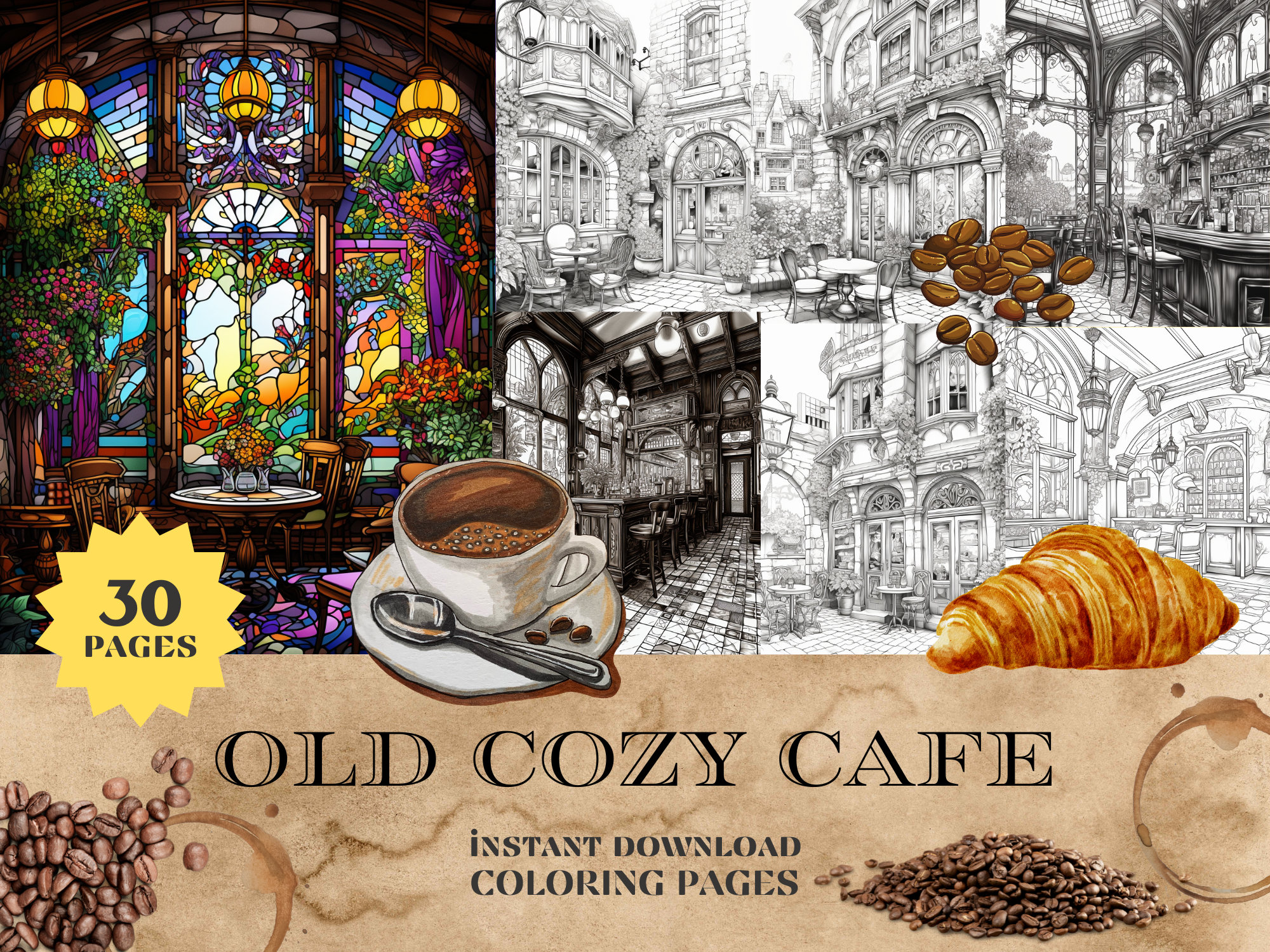 Old Cozy Cafe Coloring Pages 30 Instant Download PDF Pages Coloring ...