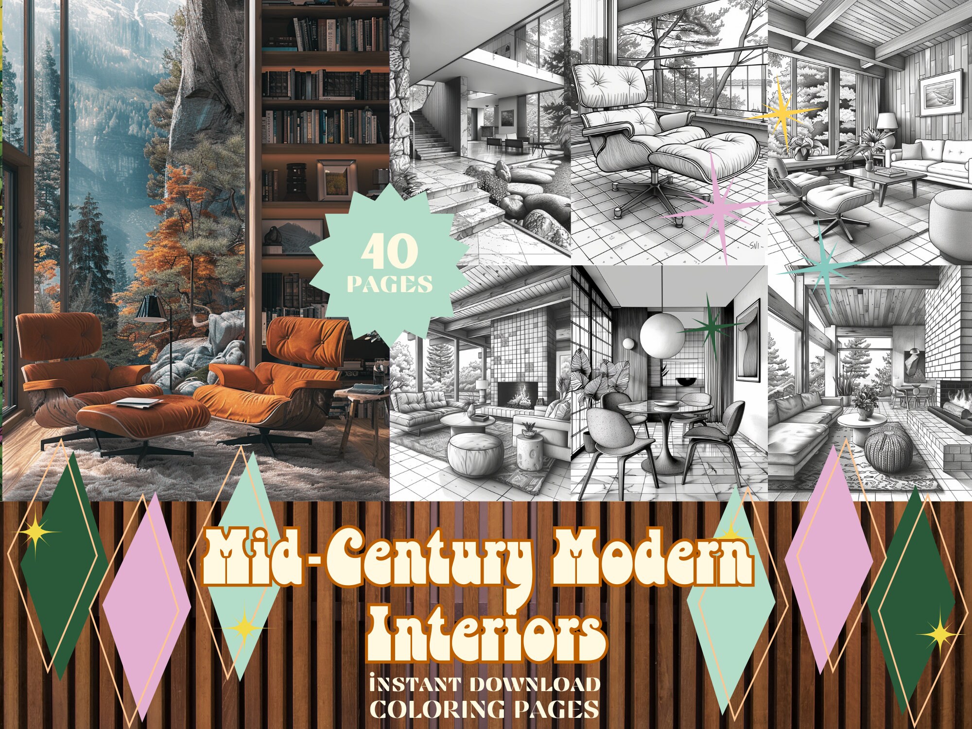 Mid-century Modern Interior Coloring Pages Instant Download PDF Pages ...