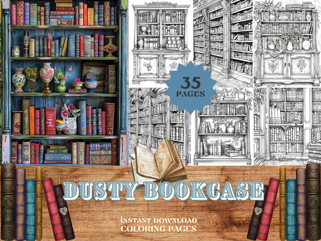 Dusty Bookcase Coloring Pages Instant Download PDF Pages Coloring Book ...