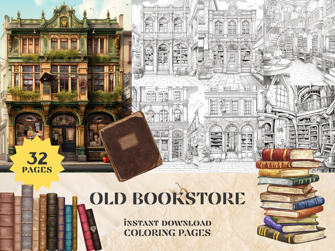 Old Bookstore Coloring Pages 32 Instant Download PDF Pages Coloring ...