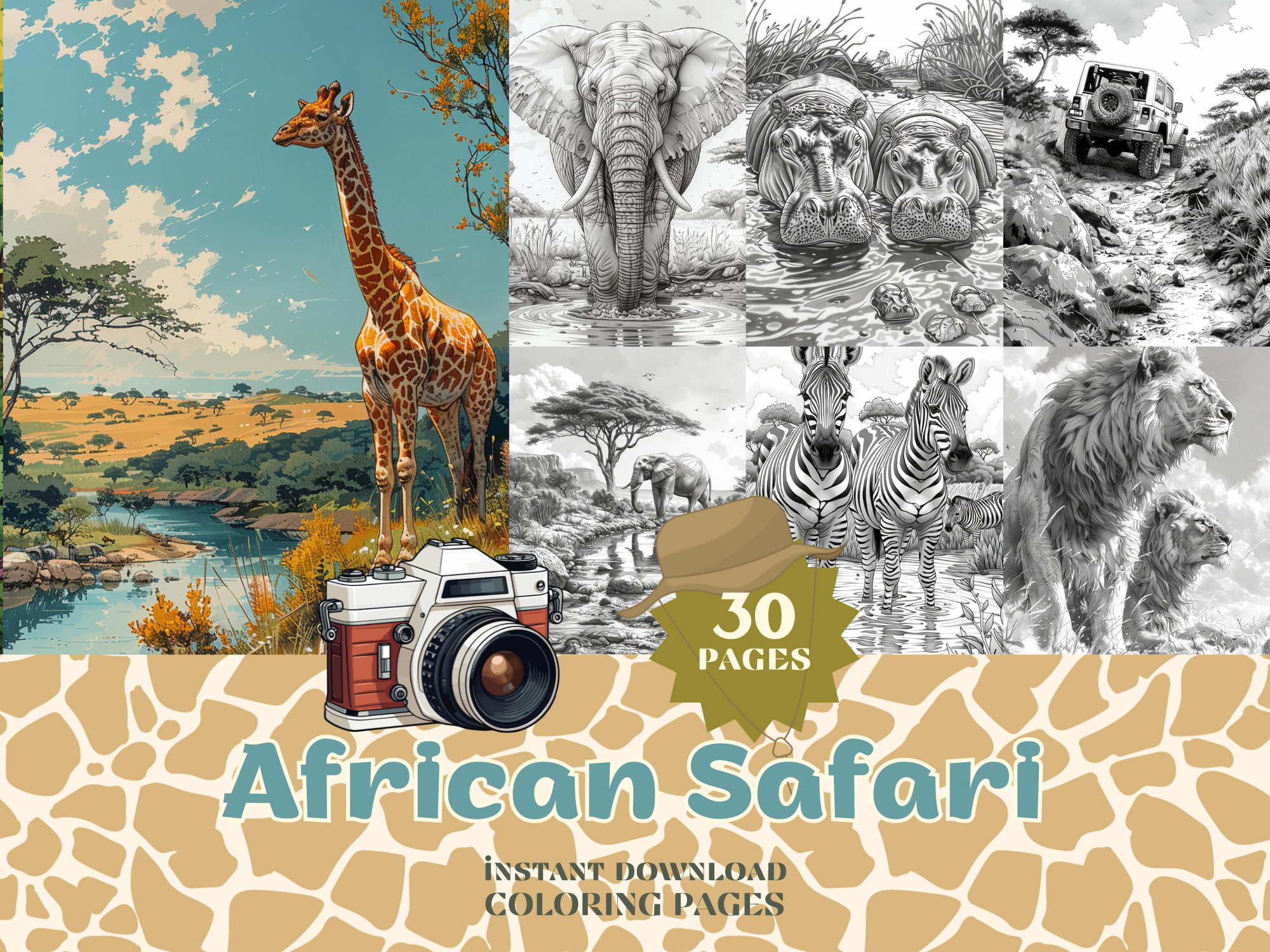 African Safari Coloring Pages Instant Download PDF Pages Coloring Book ...