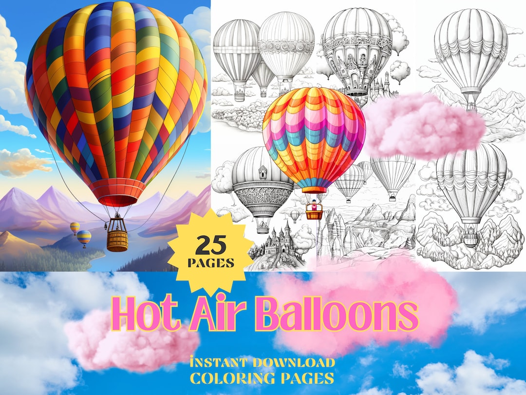 Hot Air Balloons Coloring Pages Instant Download PDF Coloring Book for ...