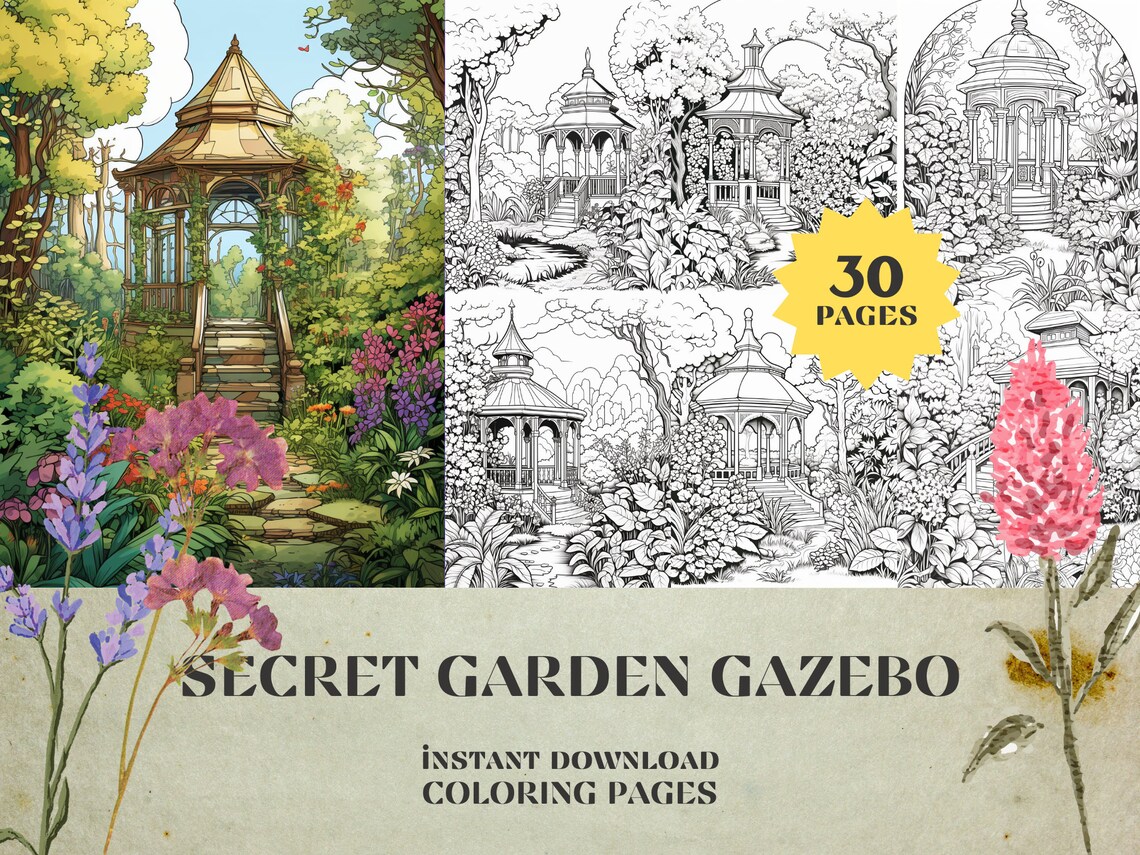 Secret Garden Gazebo Coloring Pages 30 Instant Download PDF - Etsy