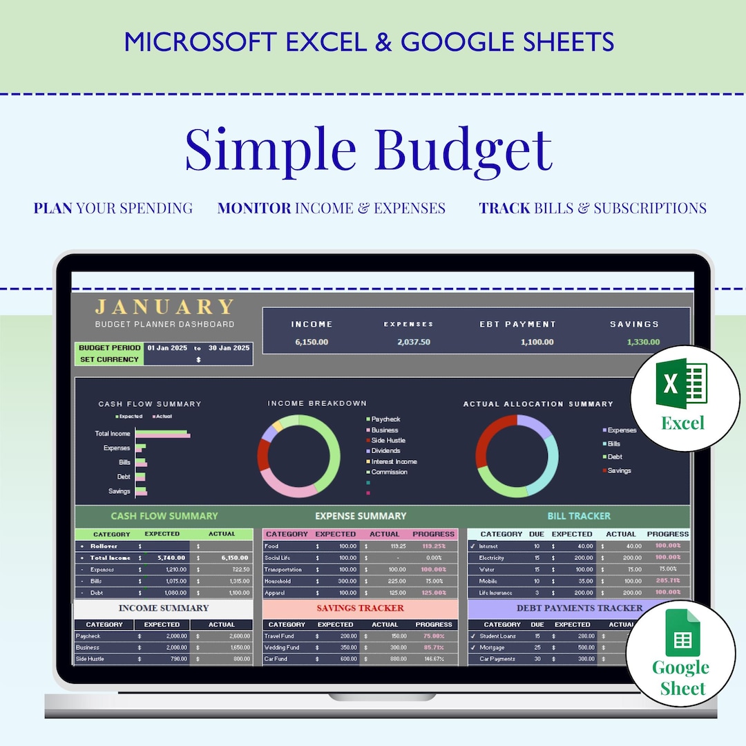 Simple Budget Planner | Excel & Google Sheets (digital Download) - Etsy