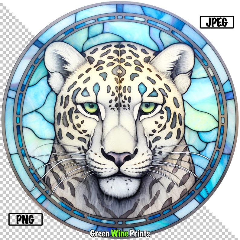 Snow Leopard Clipart Stained Glass, White Leopard Sublimation Print ...