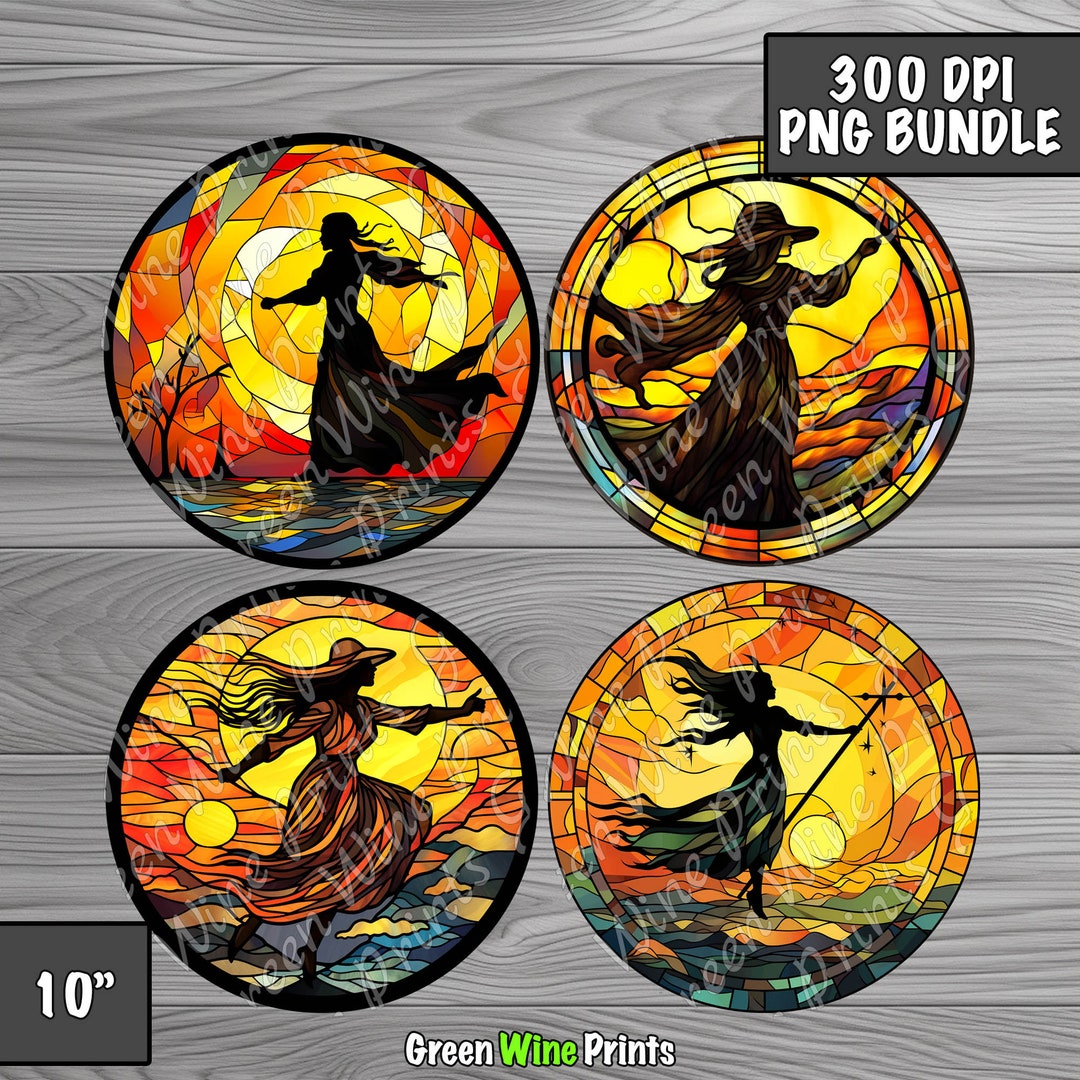 4 Witch Stained Glass Clipart Prints. Witch Silhouette Stained Glass ...
