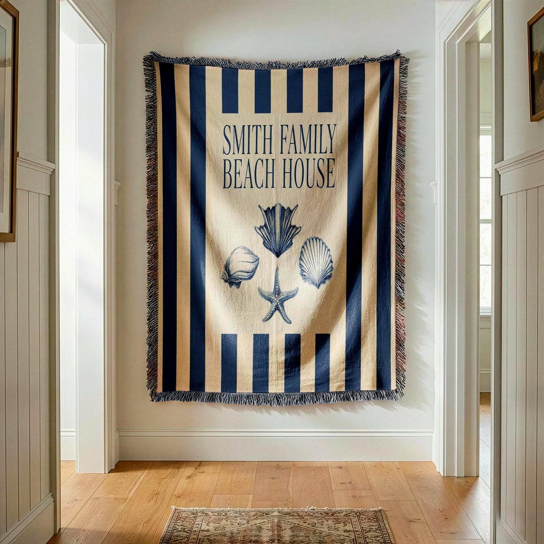 Personalized Family Name Nautical Shells Woven Blanket | Beach House - Etsy