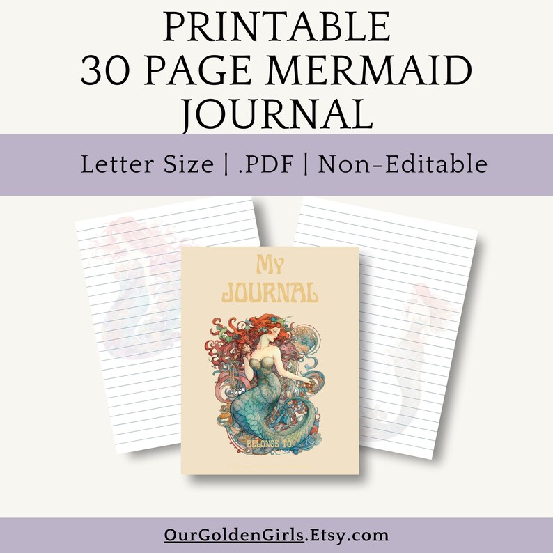 Printable Mermaid Lined Journal Pages Vintage Mermaid Stationery ...
