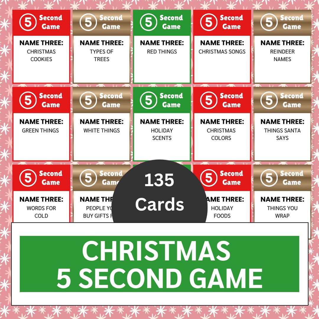 Christmas 5 Second Game | Printable Holiday Card Games (135 Cards, 8 ...
