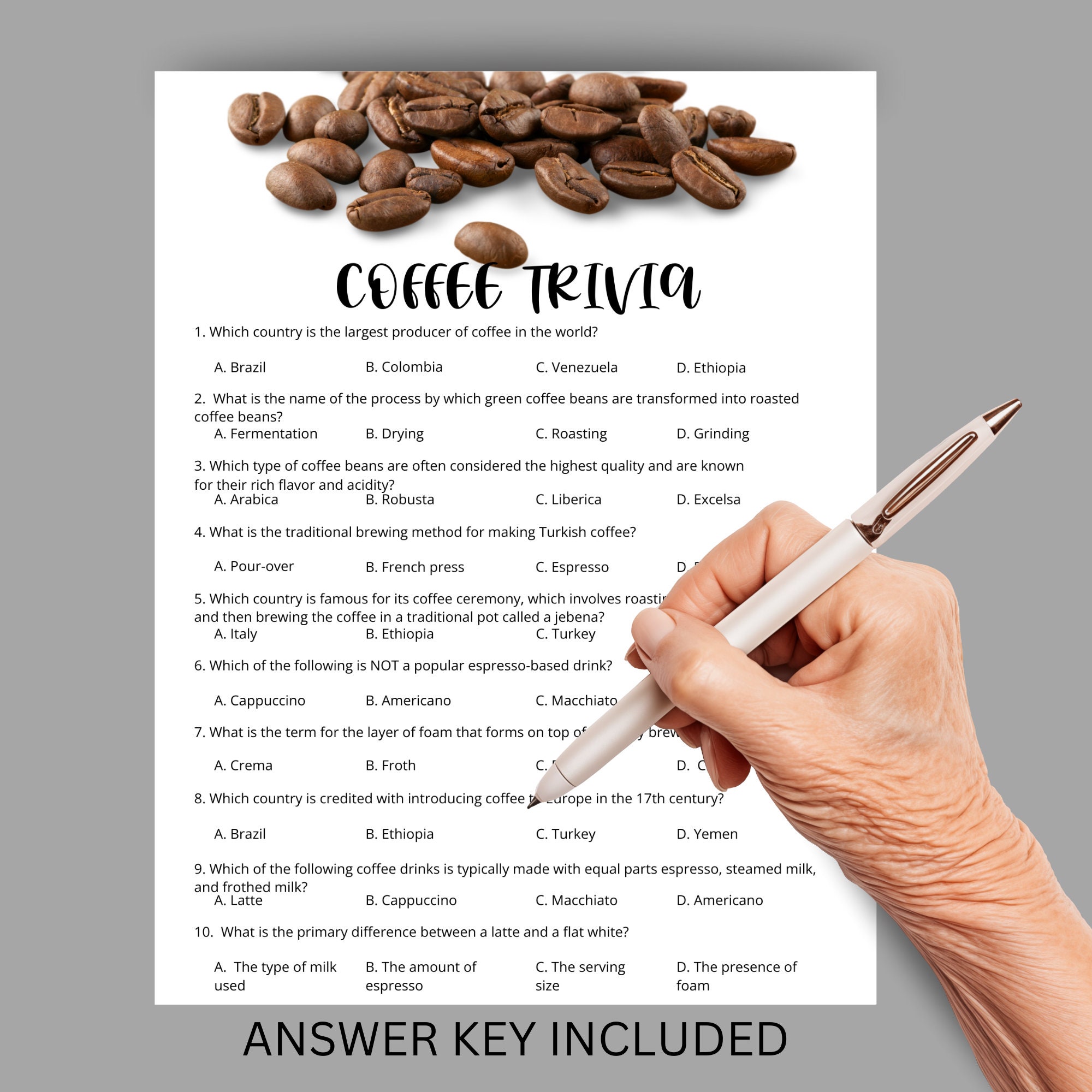 Coffee Trivia Printable Quiz | Coffee Lover Game | Coffee Bean Activity ...