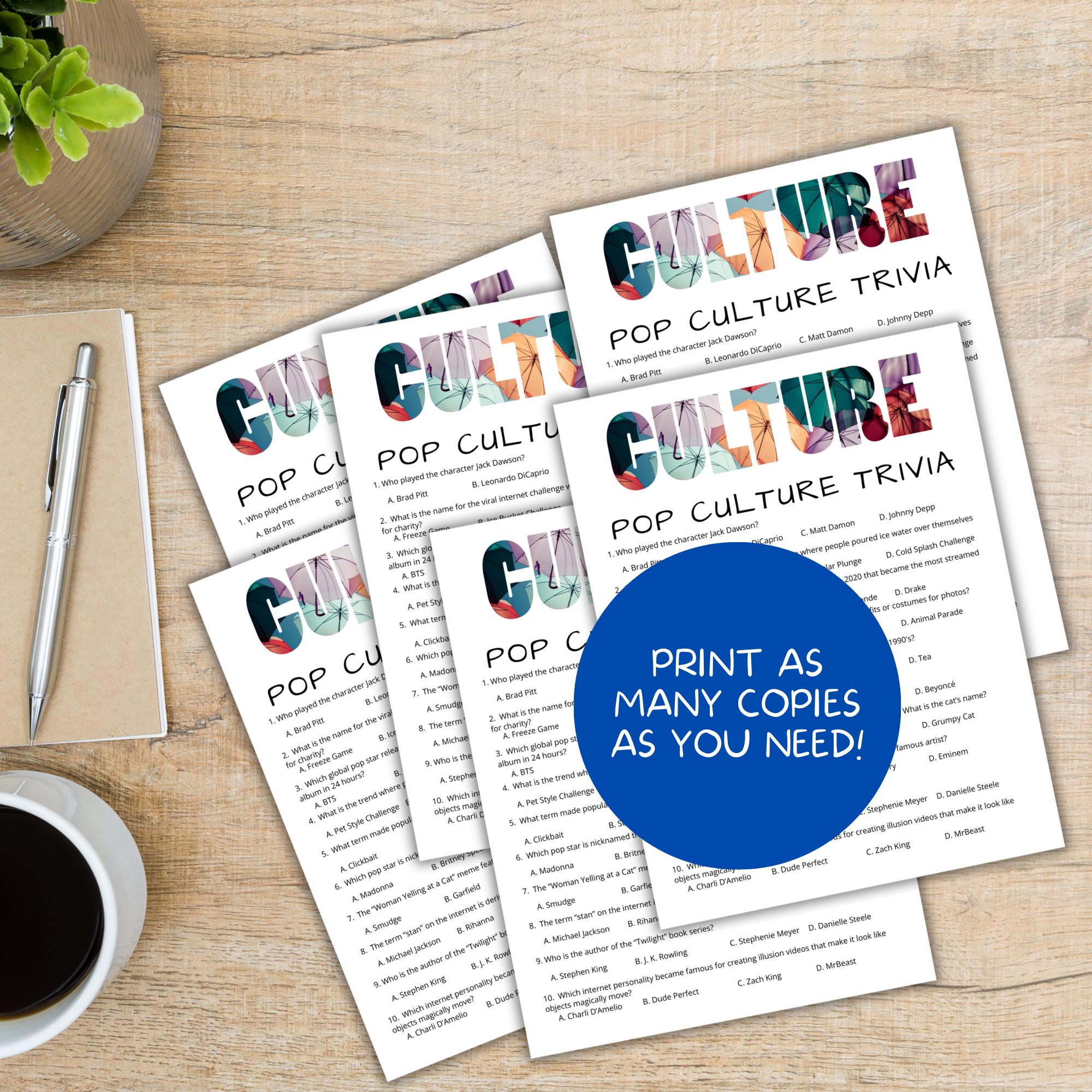 Pop Culture Trivia Game: Mainstream Trends Quiz (PDF Download) - Etsy