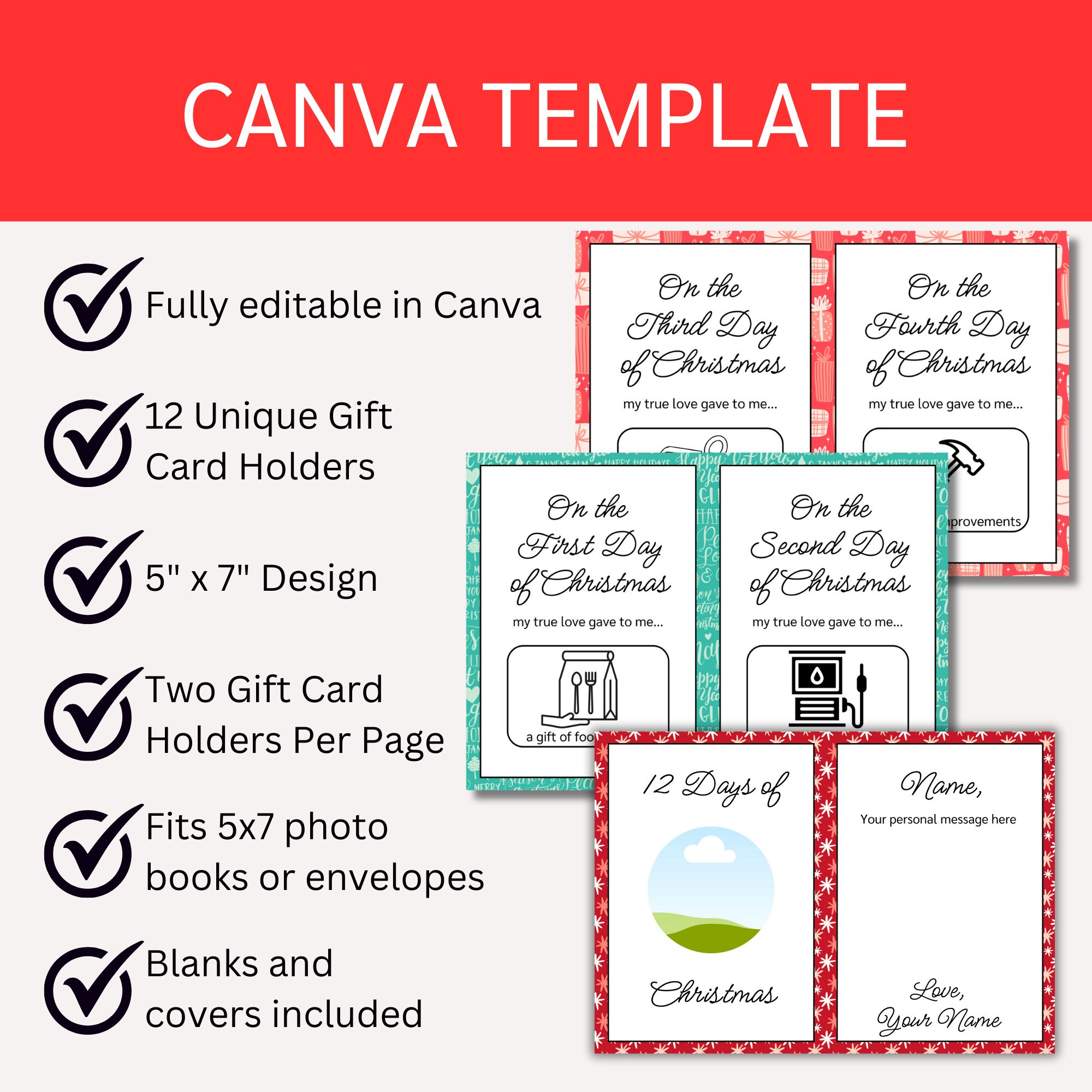 12 Days of Christmas Gift Card Book | Editable Canva Gift Card Holder ...