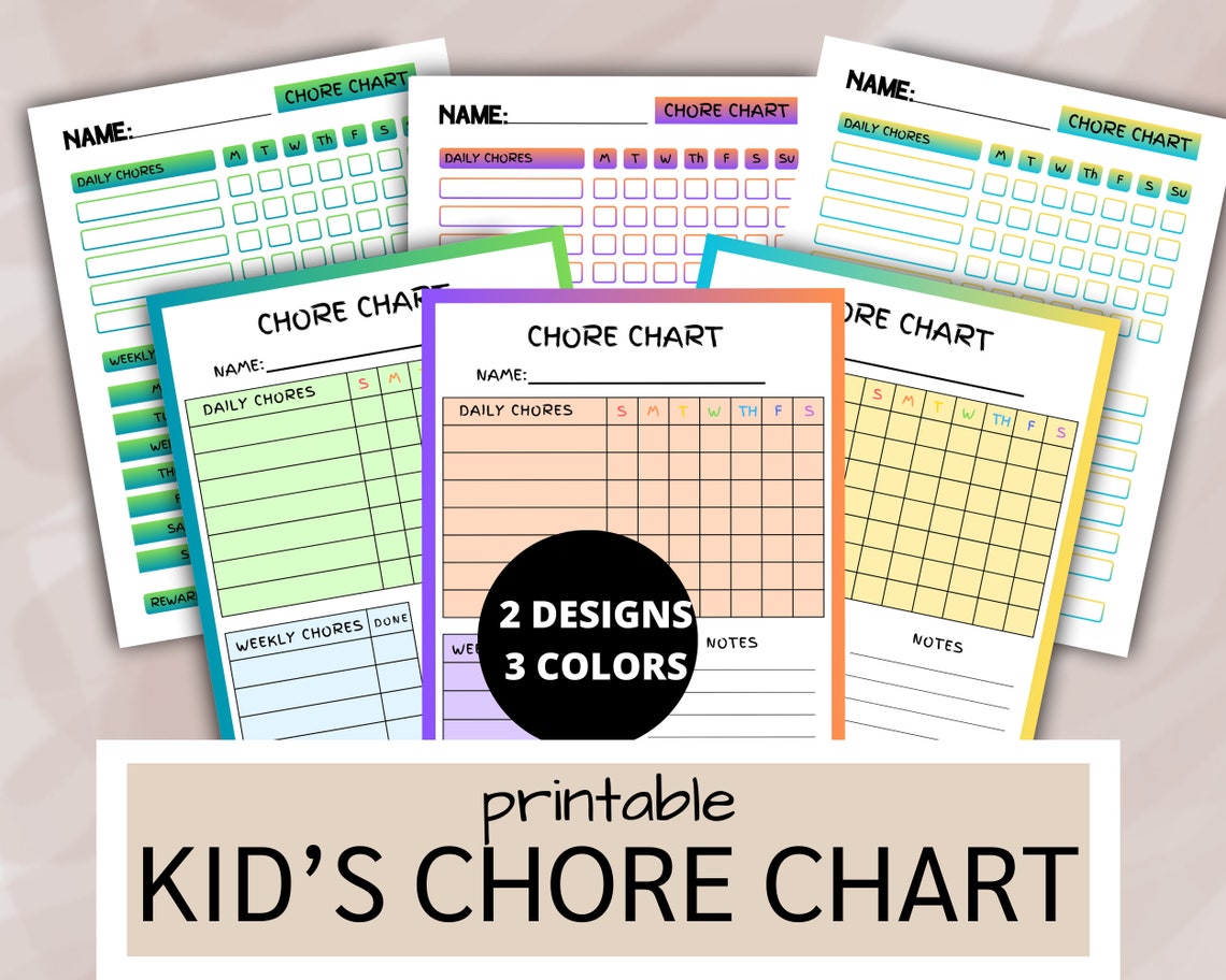 Colorful Kids Chore Chart Printable Template Children's Cleaning ...