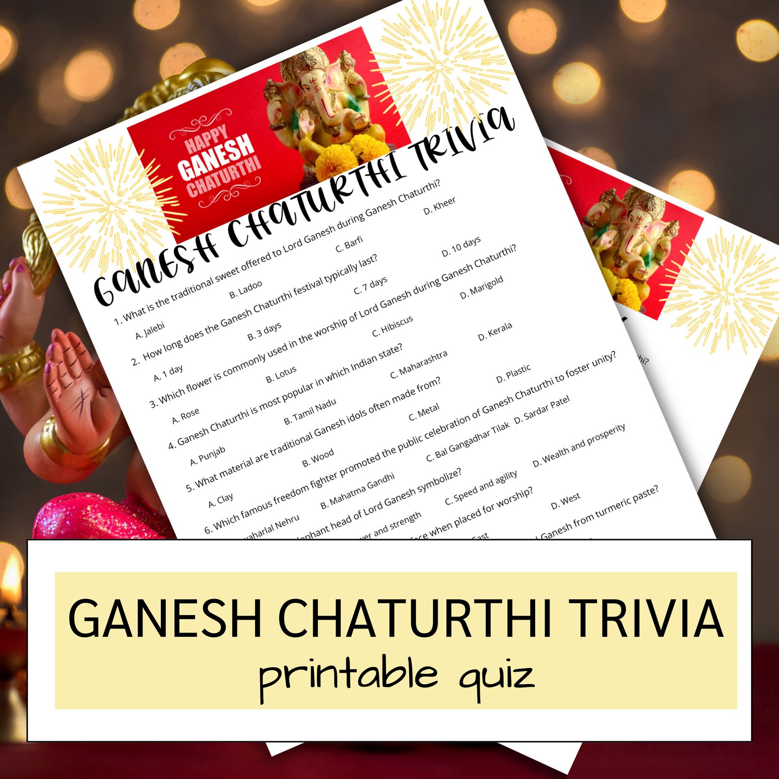 Ganesh Chaturthi Quiz Printable | Ganesha Trivia Game | Indian Festival ...