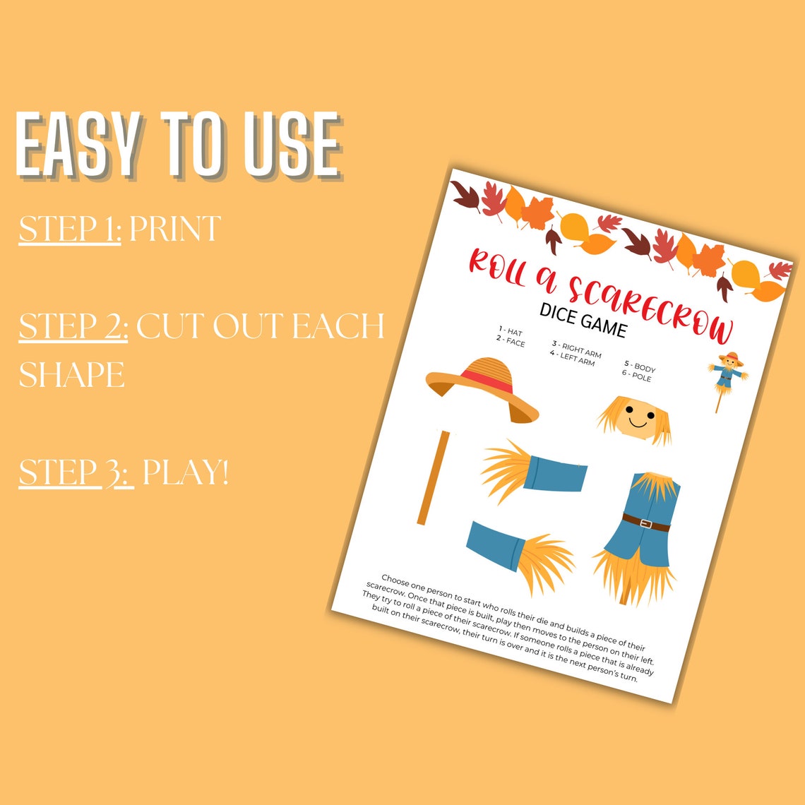 Roll a Scarecrow Dice Game Printable | Fall Party Kids Activities ...