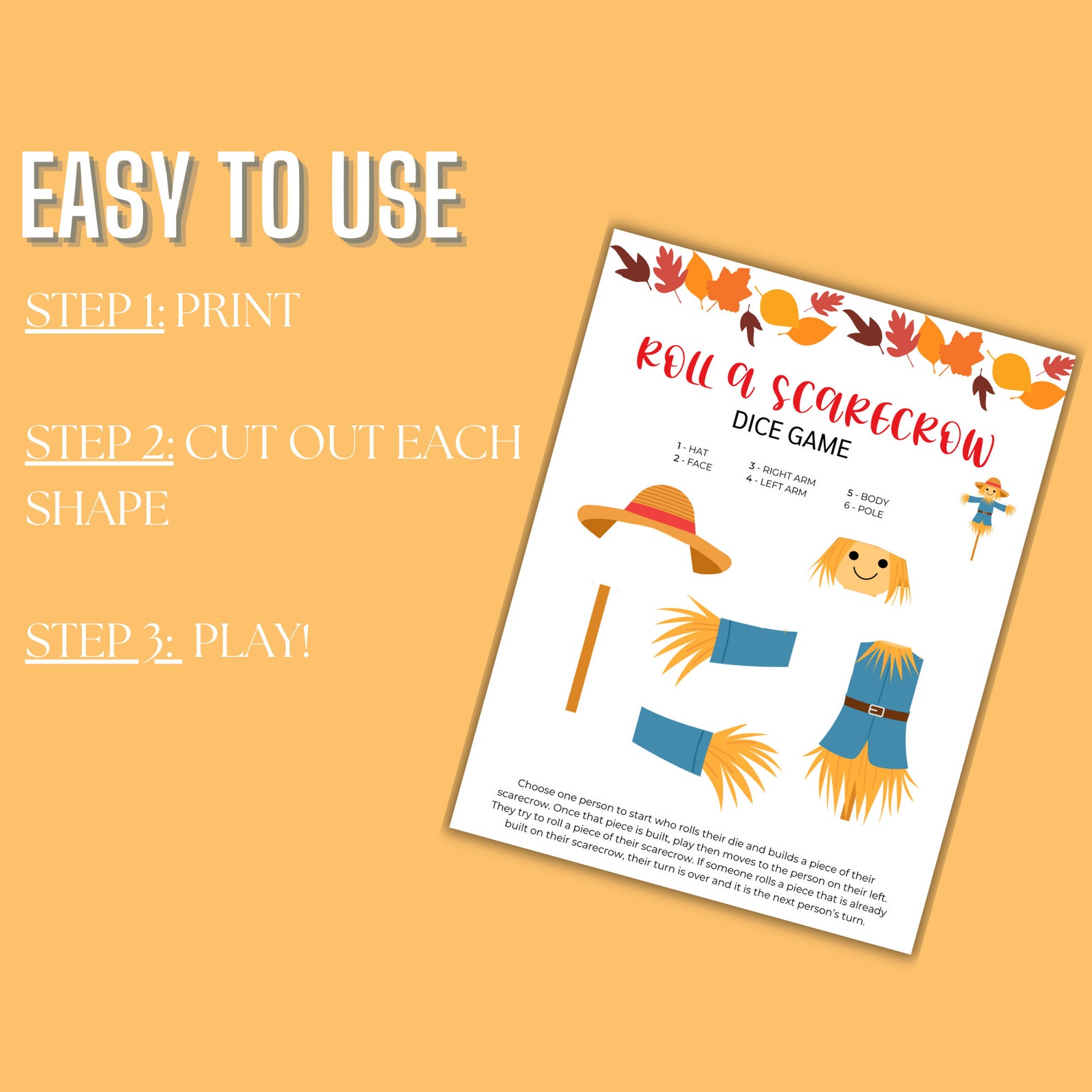Roll a Scarecrow Dice Game Printable | Fall Party Kids Activities ...
