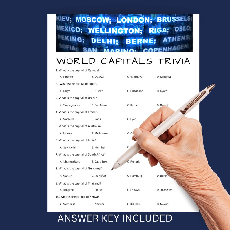 World Capitals Printable Quiz | Geography Trivia Game | Educational ...