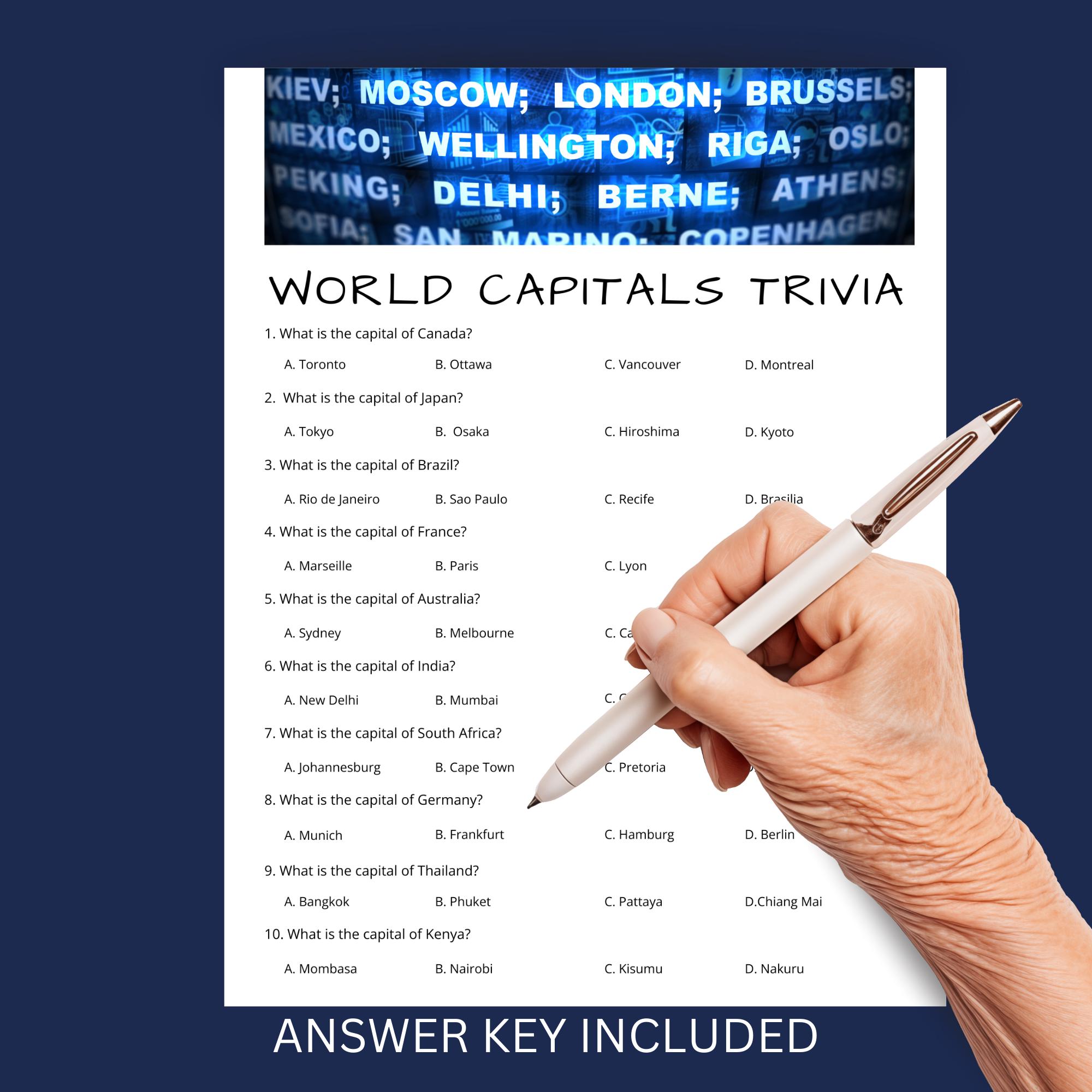 World Capitals Printable Quiz | Geography Trivia Game | Educational ...