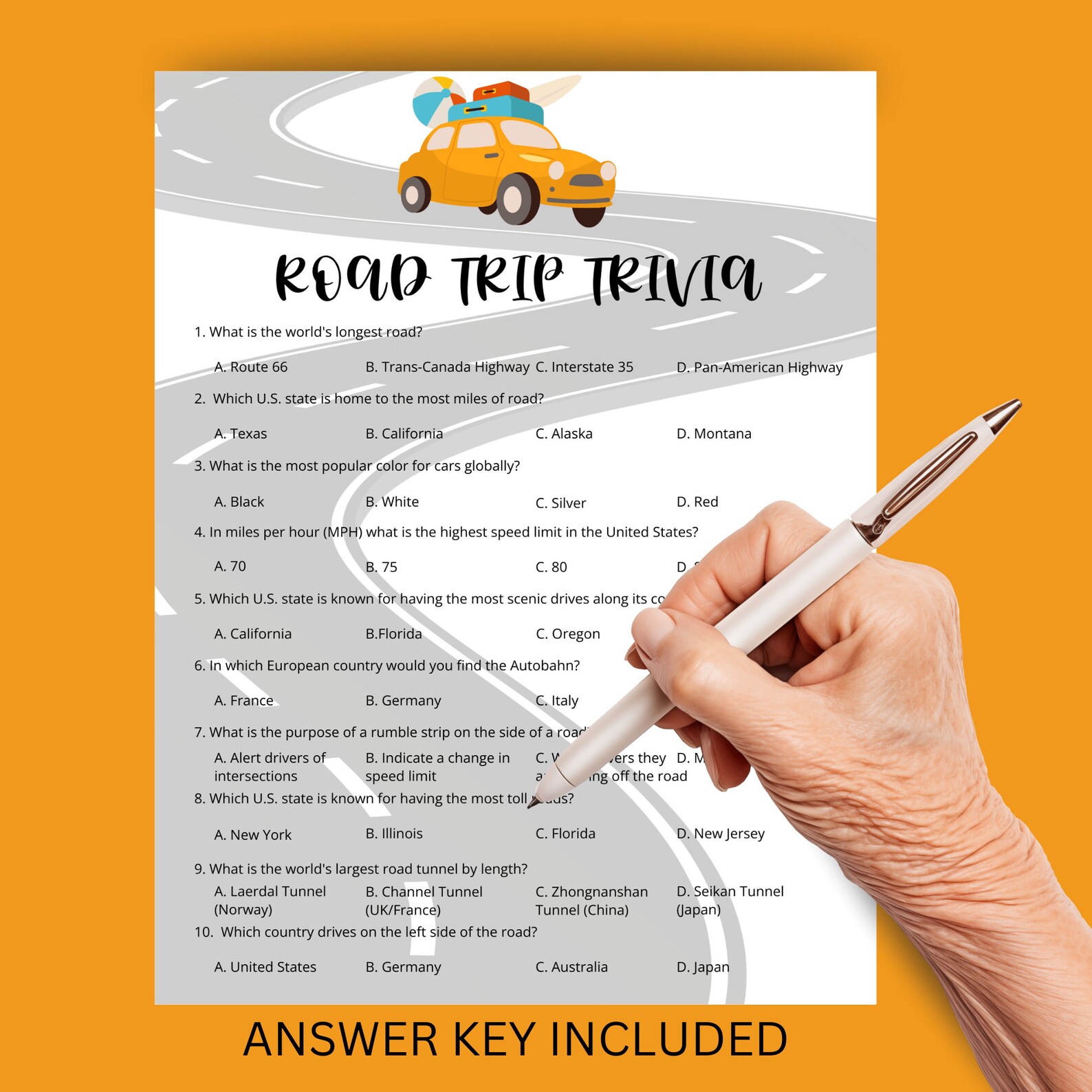 Road Trip Trivia Quiz: Family Car Game (printable PDF) - Etsy