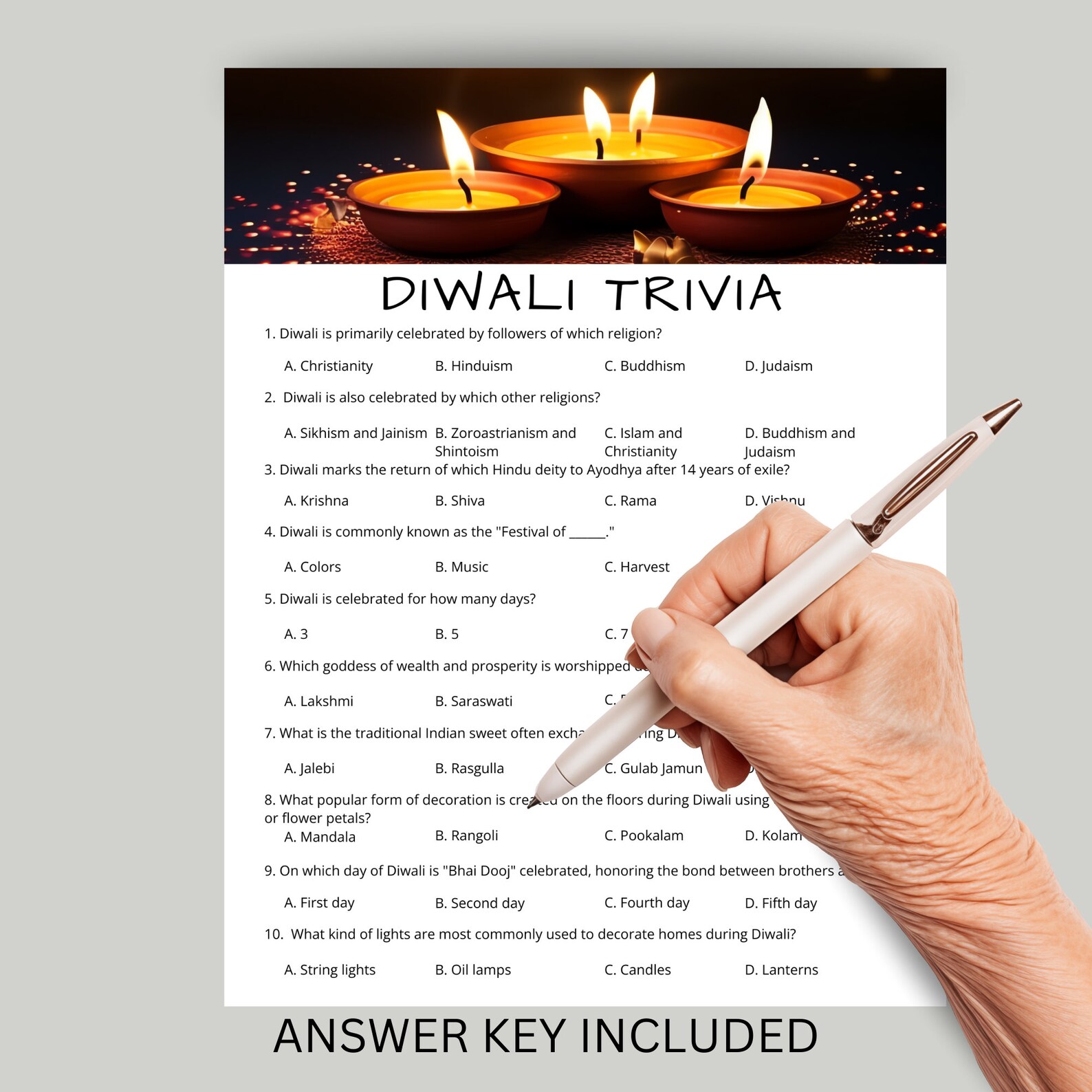 Diwali Quiz Printable | Diwali Trivia Game | Hindu Festival of Lights ...