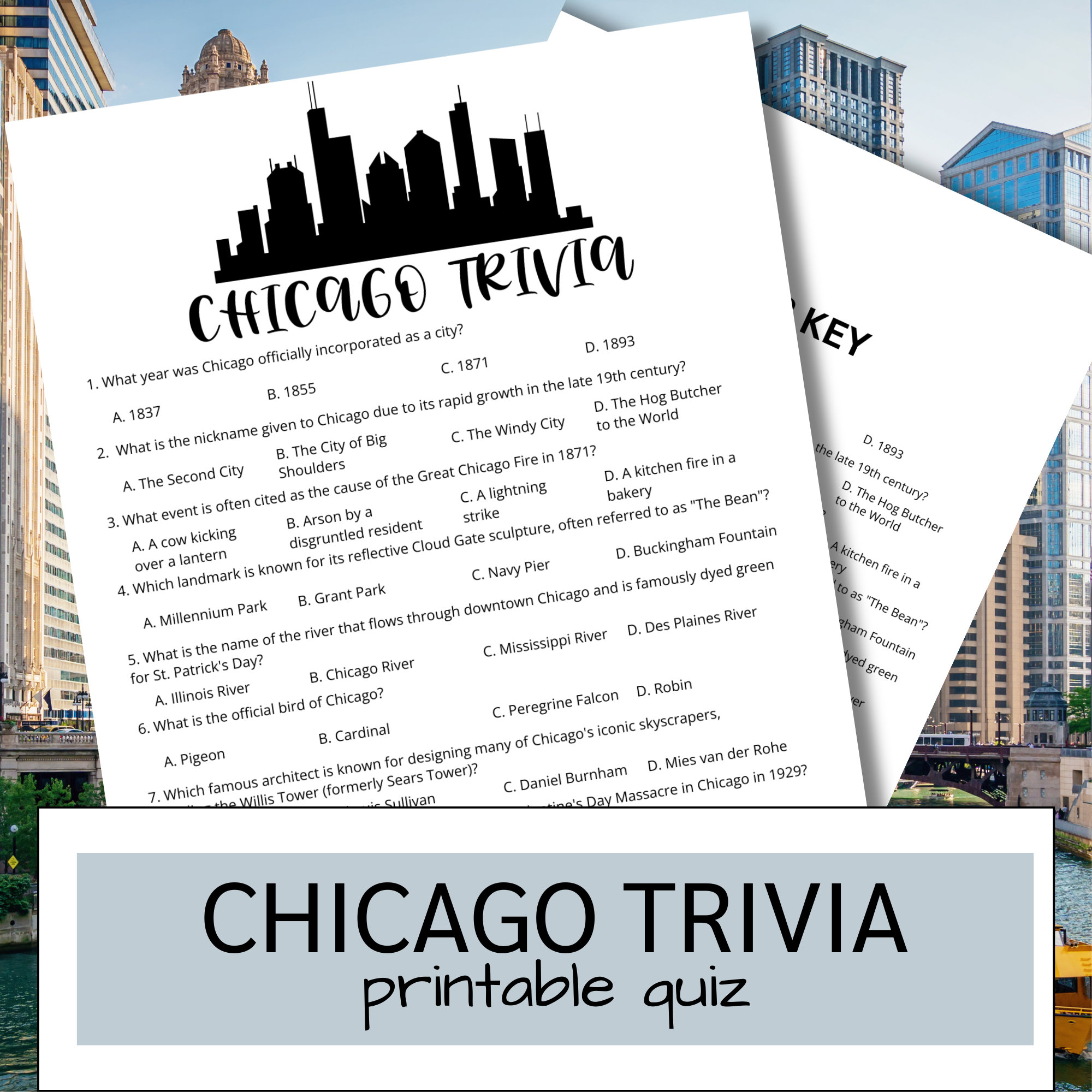 Chicago Quiz Printable | Chicago Illinois Trivia Game | USA Cities Fun ...