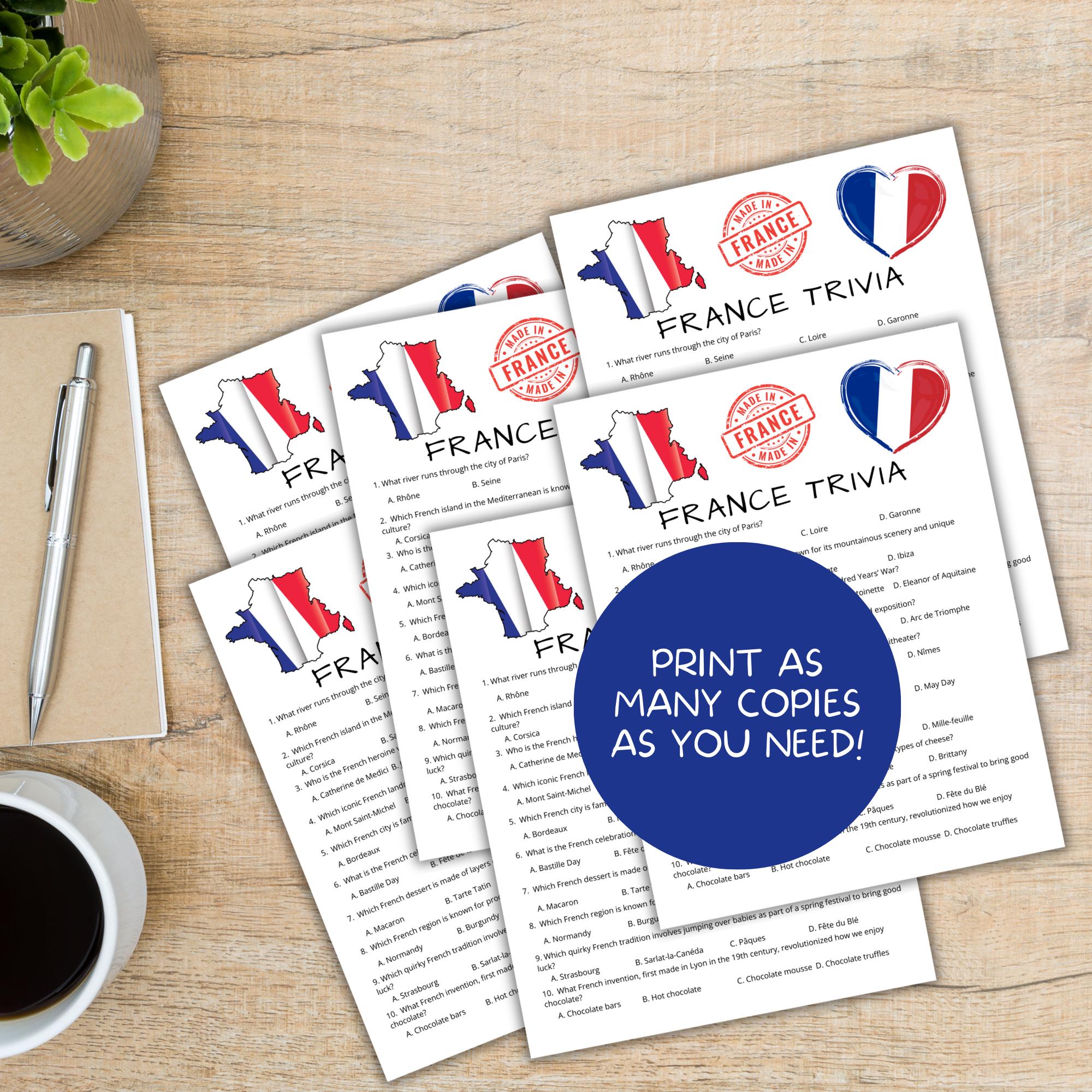 France Trivia Quiz: Printable French Party Game (PDF Download) - Etsy