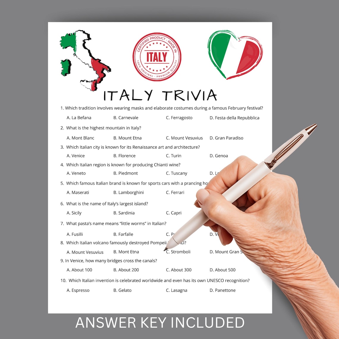Italy Trivia Quiz: Printable Italian Party Game (PDF Download) - Etsy