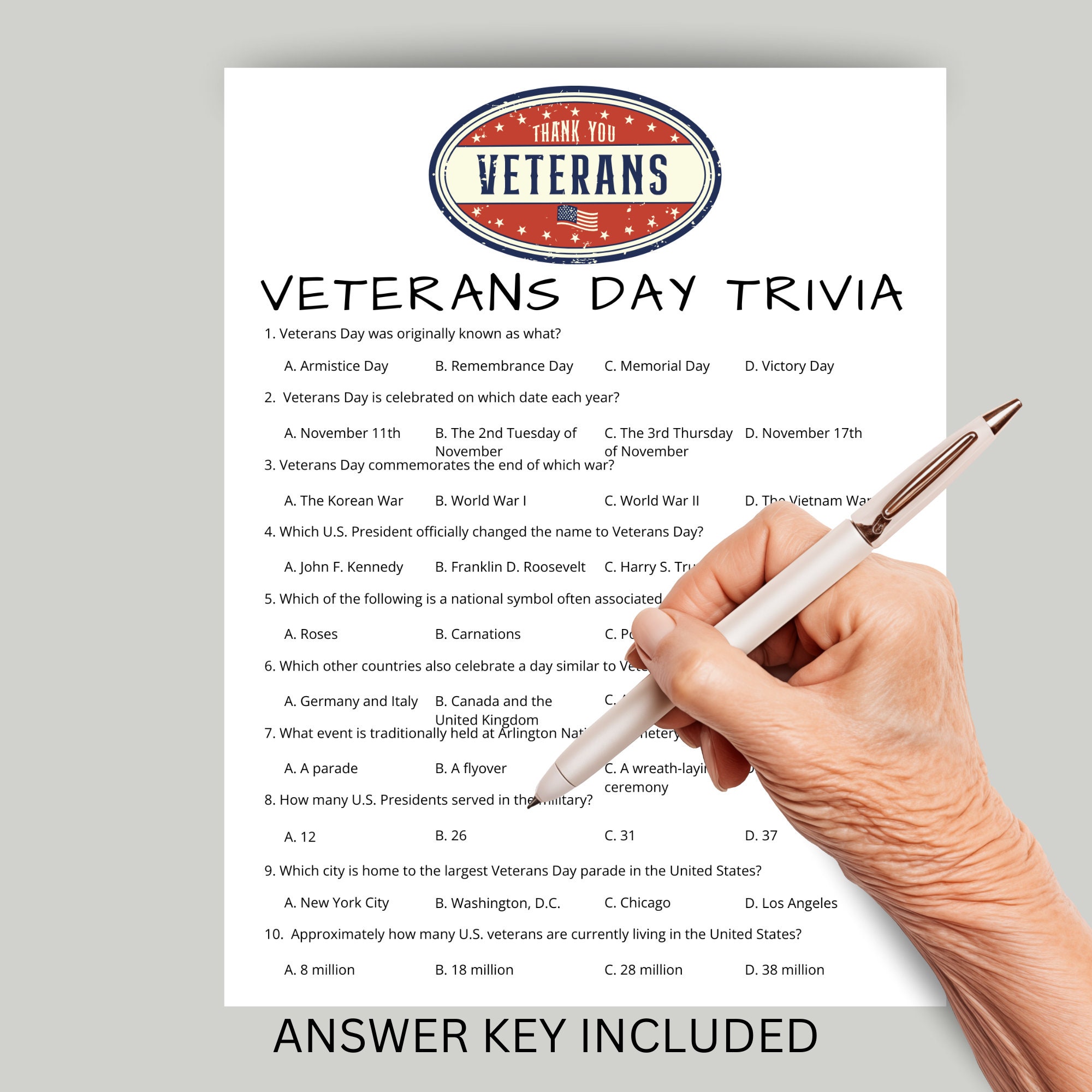 Veterans Day Quiz Printable | United States Troops Trivia Game | USA ...