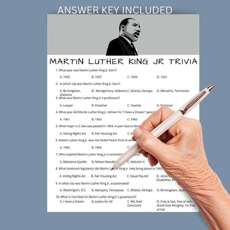Martin Luther King Jr Quiz Printable | Black History Month Trivia Game ...